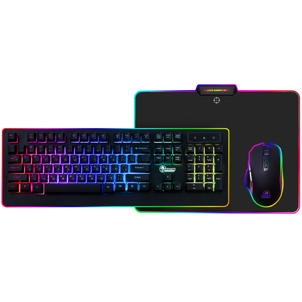 מקלדת ועכבר גיימינג ומשטח גדול LED RGB Dragon